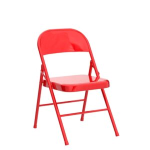 VECELO Folding Chairs Metal Frame Steel Seat with Triple Braced for Home Office,No-Assembly Heavy-Duty&Stackable Space Saving, Set of 4, True Red