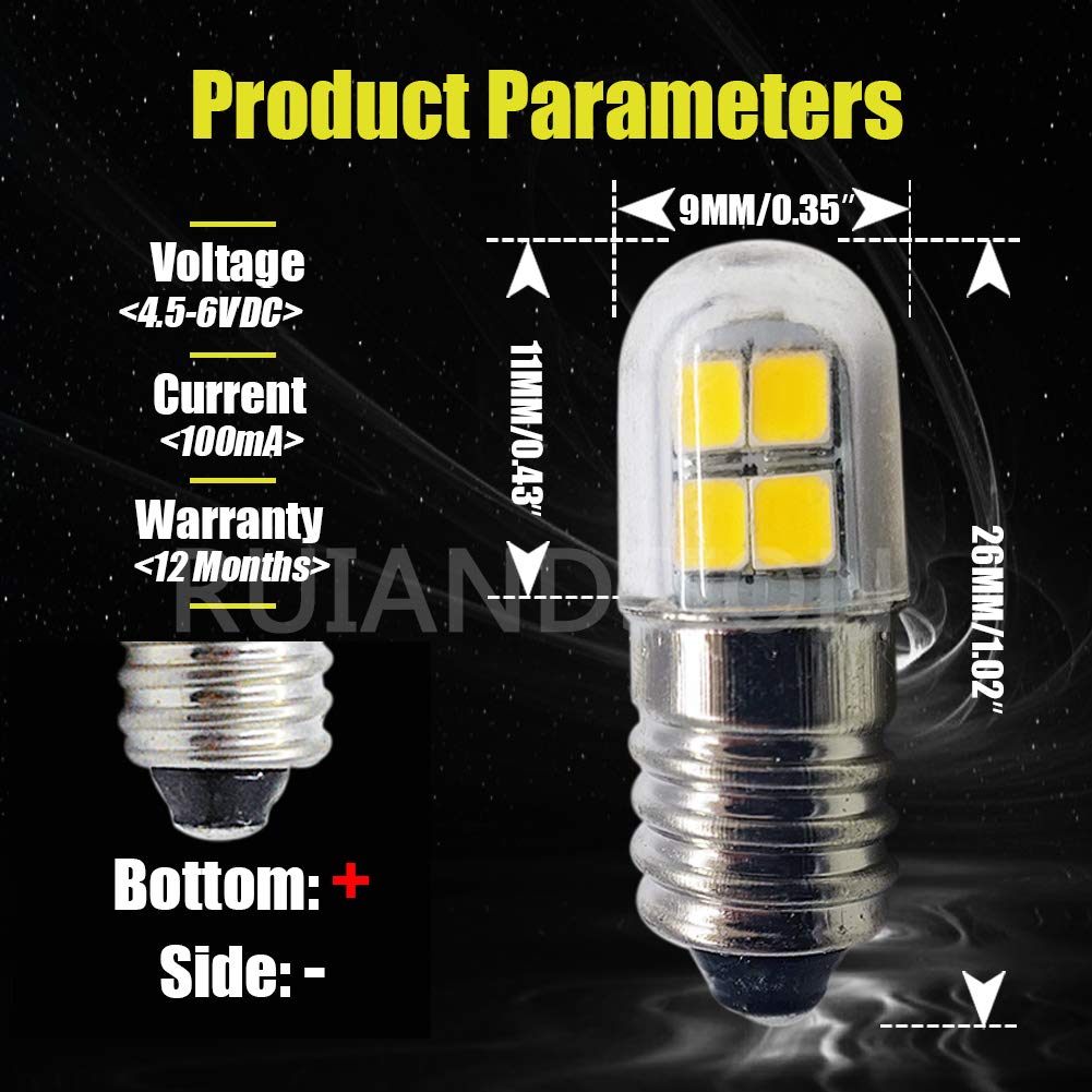 Ruiandsion E10 LED Bulb 4.5V-6V Screw Base LED Bulb 2835 8SMD Chips Yellow Upgrade for Flashlights Torch Lights (Pack of 2)