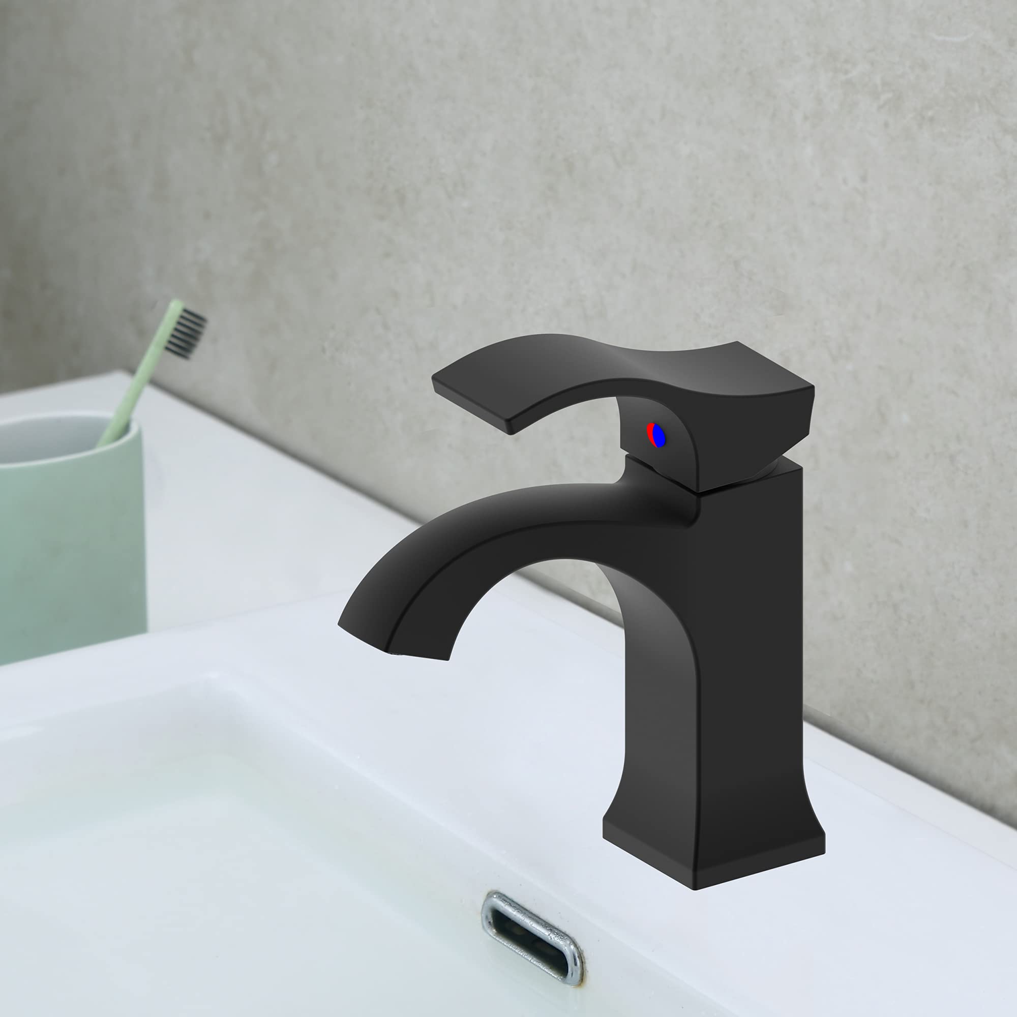 Derengge SF-S0048-MT Single Handle Bathroom Sink Faucet, Single Hole Lavatory Faucet with Pop Up Drain & Water Supply Hoses, Meets cUPC NSF 61-9 AB1953, Matte Black Finished