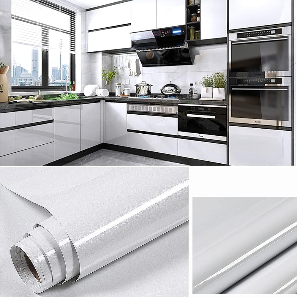 15.8"X78.7" Glossy Self-Adhesive Removable Wallpaper - White Vinyl Contact Paper for Countertops, Cabinets, Furniture