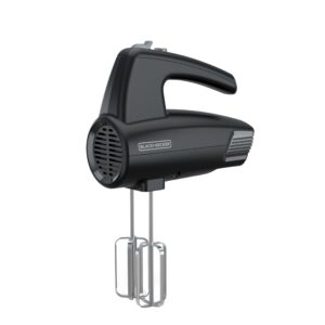 black+decker 5-speed hand mixer, 250-watt for mixing batters, doughs, spreads & more, turbo boost & prevent splatter function, black