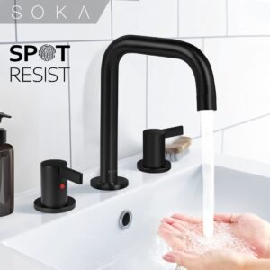 SOKA 8-16 Inch Widespread Bathroom Faucet 2 Handles Matte Black Commercial Sink Touch 3 Pieces Vanity Lavatory 360 Degree Rotating Faucet Pop Up Drain Assembly, Matte Black - L, 8 INCH L - Head