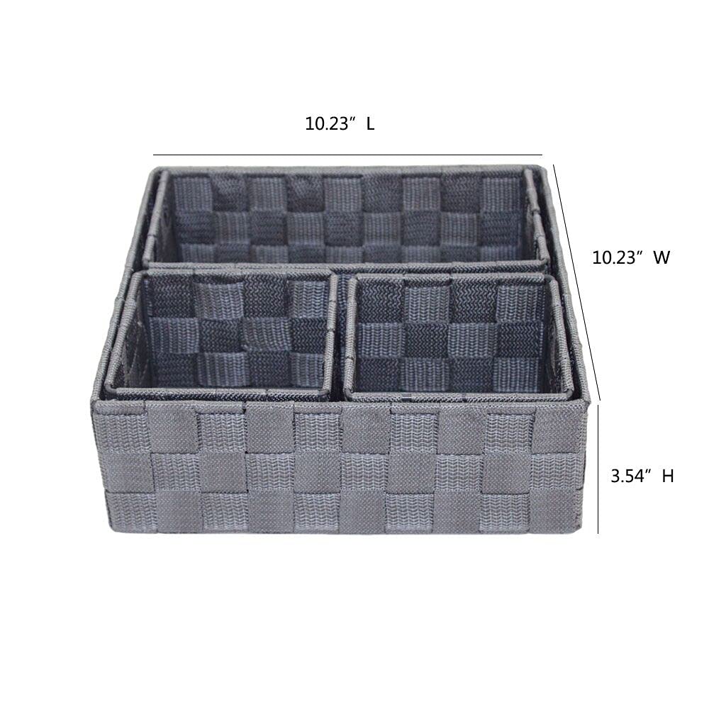 HDKJ Ribbon Woven Baskets for Storage, Small Hand-Woven Storage Basket with Durable Metal Frame, Woven Strap Bins for Organizing, Set of 4. (Gray)