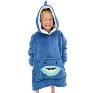 wearable blanket kids 3-10yr, fun animal kids blanket hoodie, kids comfy hoodie blanket, kids hooded blanket girl boy toddler (blue shark hoodie)