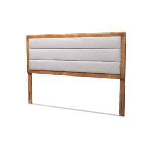 baxton studio dexter modern and contemporary light grey fabric upholstered and walnut brown finished wood queen size headboard