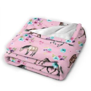 Knsoiv Fashion Flannel Plush Throw Blanket, Horses Flowers Pink Pattern Little Girls Room Watercolor Throw for All Seasons, Warm Air Conditioning Blanket 60"X50"