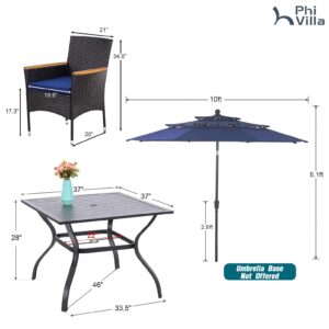 PHI VILLA 6 pcs Patio Dining Set with Umbrella(Navy Blue),1 Square Metal Table, 4 Outdoor All Weather PE Rattan Chairs & 1 10ft 3 Tier Auto-tilt Umbrella (Base Not Included)