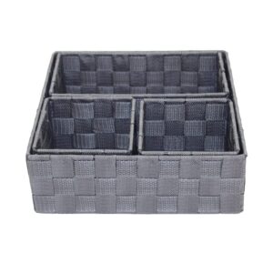 hdkj ribbon woven baskets for storage, small hand-woven storage basket with durable metal frame, woven strap bins for organizing, set of 4. (gray)