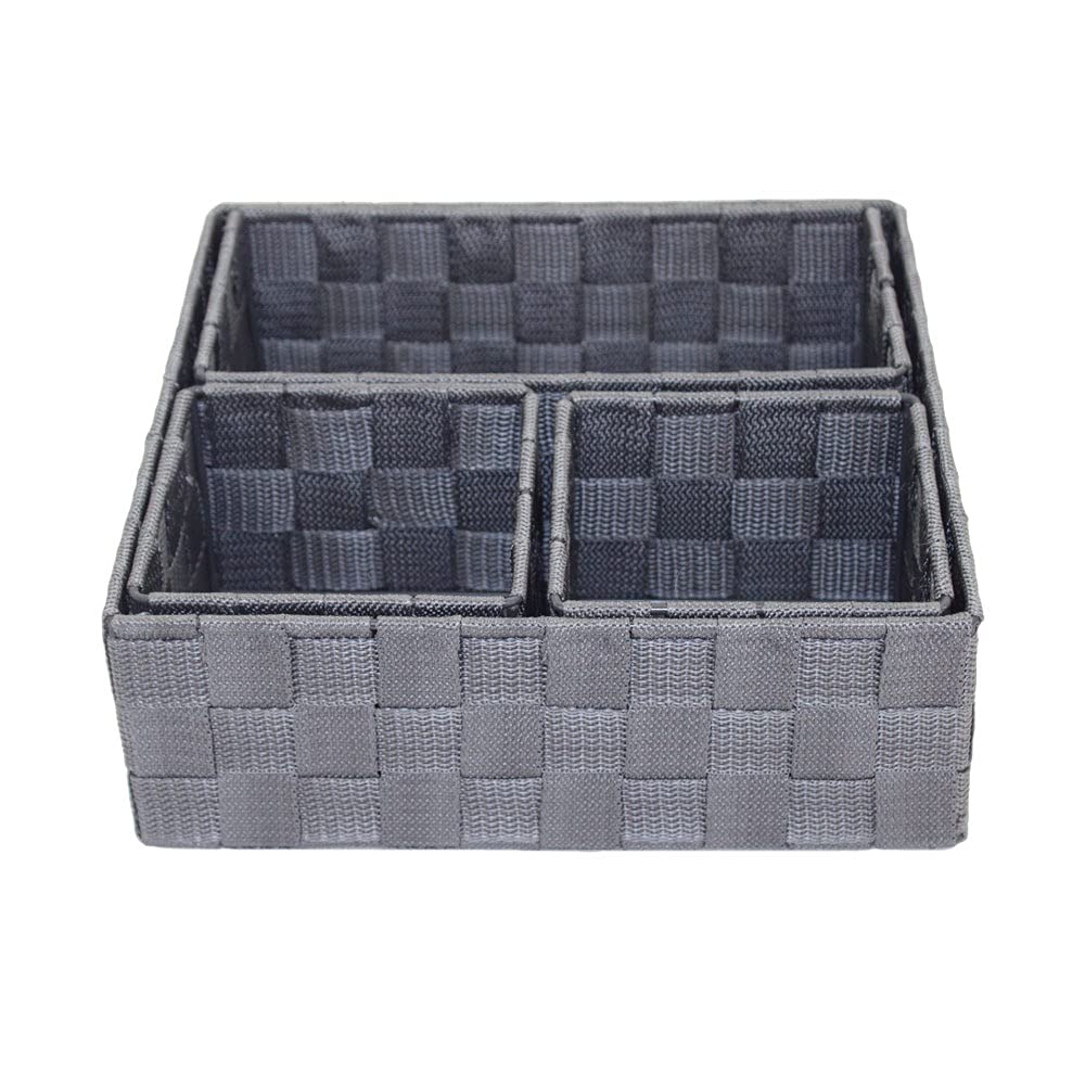 HDKJ Ribbon Woven Baskets for Storage, Small Hand-Woven Storage Basket with Durable Metal Frame, Woven Strap Bins for Organizing, Set of 4. (Gray)