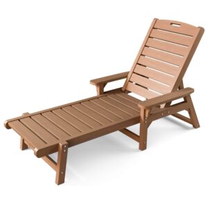 hitwby chaise lounge outdoor, 5 adjustable lounge chair, support up to 350 lbs, reclining all weather poly lumber chairs for poolside, porch, patio, light brown, 77l 22w 17h