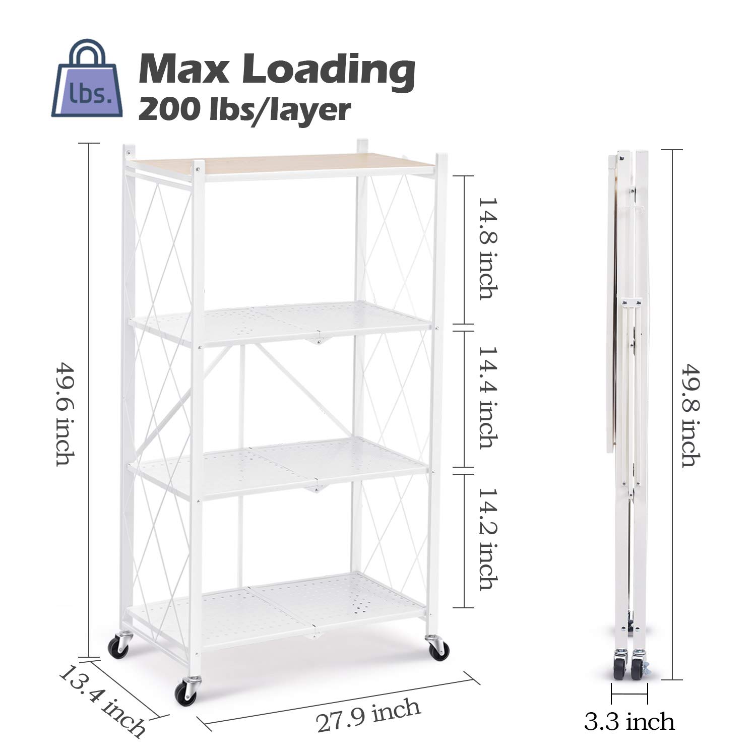 APEXCHASER 4-Shelf Foldable Storage Shelves with Wheels, Freestanding Metal Wire Shelf Rack, No Assembly Storage Shelves for Office, School, Kitchen,Garage