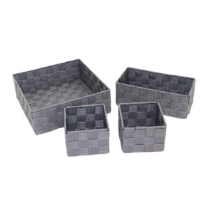 HDKJ Ribbon Woven Baskets for Storage, Small Hand-Woven Storage Basket with Durable Metal Frame, Woven Strap Bins for Organizing, Set of 4. (Gray)