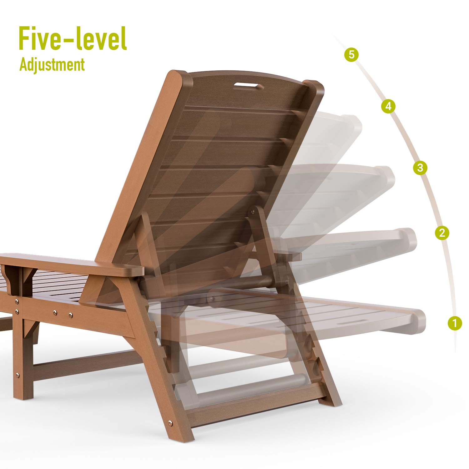 Hitwby Chaise Lounge Outdoor, 5 Adjustable Lounge Chair, Support up to 350 lbs, Reclining All Weather Poly Lumber Chairs for Poolside, Porch, Patio, Light Brown, 77L 22W 17H