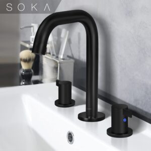 SOKA 8-16 Inch Widespread Bathroom Faucet 2 Handles Matte Black Commercial Sink Touch 3 Pieces Vanity Lavatory 360 Degree Rotating Faucet Pop Up Drain Assembly, Matte Black - L, 8 INCH L - Head