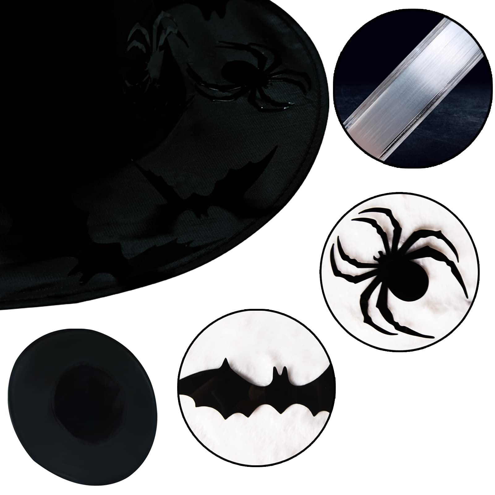 TREWAVE 12PCS Black Halloween Witch Hat with 3D Spider Bat Wall Decal Stickers 100 Yards Hanging Rope, Witch Costume Accessory Party Favor for Halloween Party Cosplay Decoration