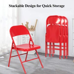 VECELO Folding Chairs Metal Frame Steel Seat with Triple Braced for Home Office,No-Assembly Heavy-Duty&Stackable Space Saving, Set of 4, True Red