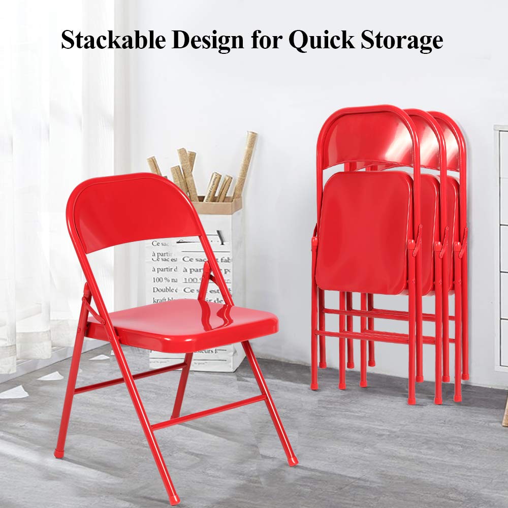 VECELO Folding Chairs Metal Frame Steel Seat with Triple Braced for Home Office,No-Assembly Heavy-Duty&Stackable Space Saving, Set of 4, True Red