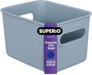 superio ribbed collection - decorative plastic open home storage bins organizer baskets, small blue (1 pack) container boxes for organizing closet shelves drawer shelf 1.5 liter