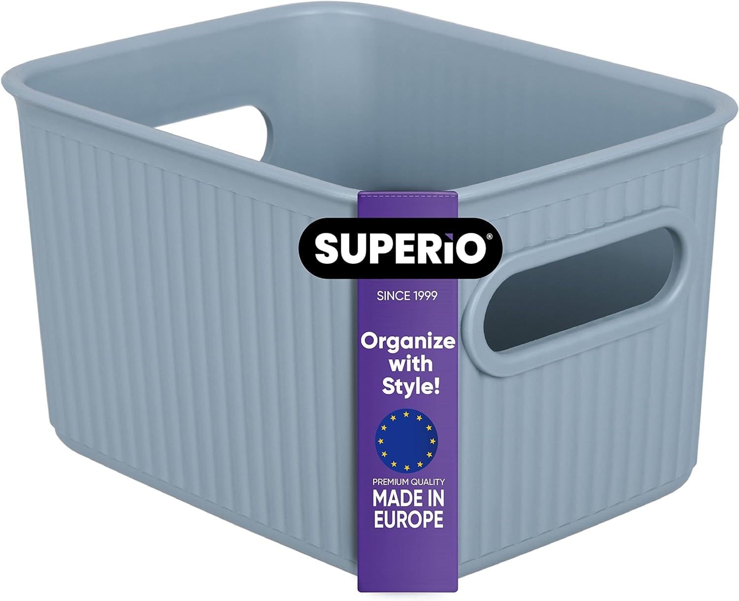 Superio Ribbed Collection - Decorative Plastic Open Home Storage Bins Organizer Baskets, Small Blue (1 Pack) Container Boxes for Organizing Closet Shelves Drawer Shelf 1.5 Liter