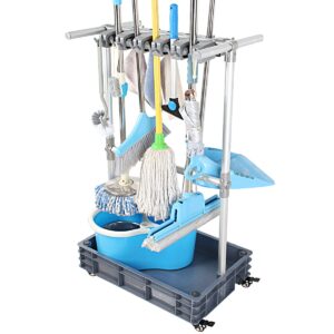 qtjh broom and mop holder put wet mops movable floor-mounted mop rack floor standing cleaning tool cart storage for garden garage schools, hospitals, factories, hotels,property companies (12racks)