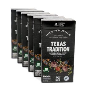 independence coffee co. nespresso compatible capsules, compostable plant based coffee pods, texas tradition intense and full bodied espresso coffee, 10 count (pack of 6) - compatible with nespresso originalline espresso makers