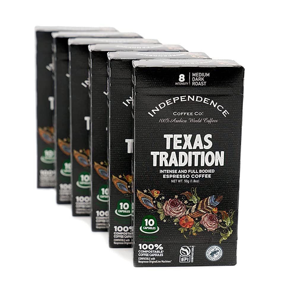 Independence Coffee Co. Nespresso Compatible Capsules, Compostable Plant Based Coffee Pods, Texas Tradition Intense and Full Bodied Espresso Coffee, 10 Count (Pack of 6) - Compatible with Nespresso OriginalLine Espresso Makers