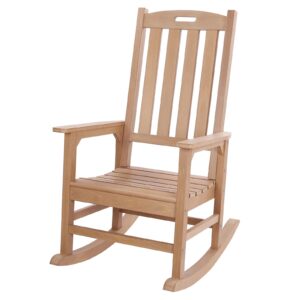 yeegfeya vaneventi outdoor rocking chair with 350lbs support, all-weather oversized outdoor chair, fade-resistant porch rocker chair, 34l 27w 46.8h (teak)