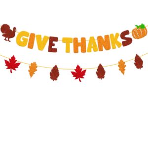 give thanks banner fall autumn leaves turkey thanksgiving day theme for happy thanksgiving grateful thankful blessed party supplies glitter gold decorations