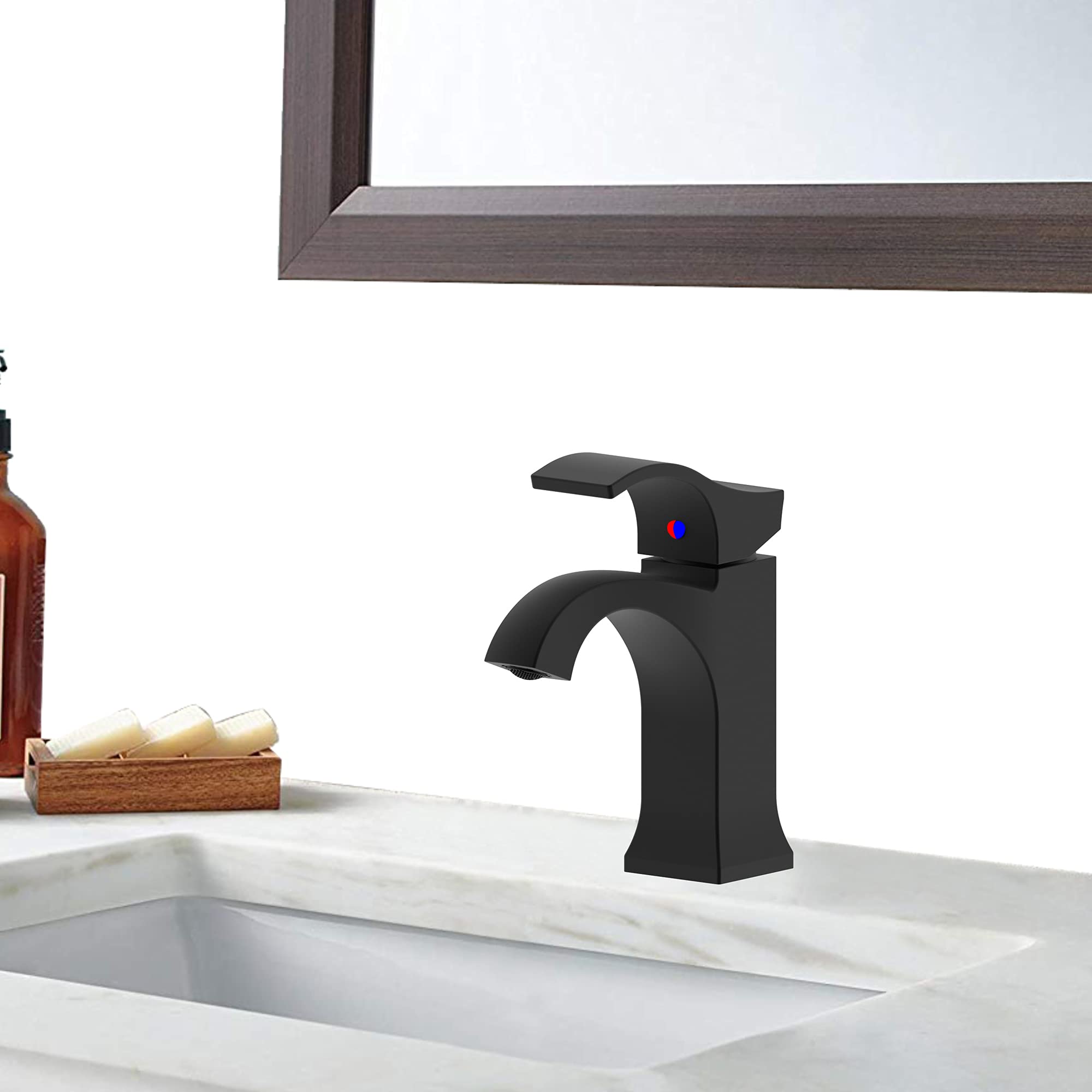 Derengge SF-S0048-MT Single Handle Bathroom Sink Faucet, Single Hole Lavatory Faucet with Pop Up Drain & Water Supply Hoses, Meets cUPC NSF 61-9 AB1953, Matte Black Finished