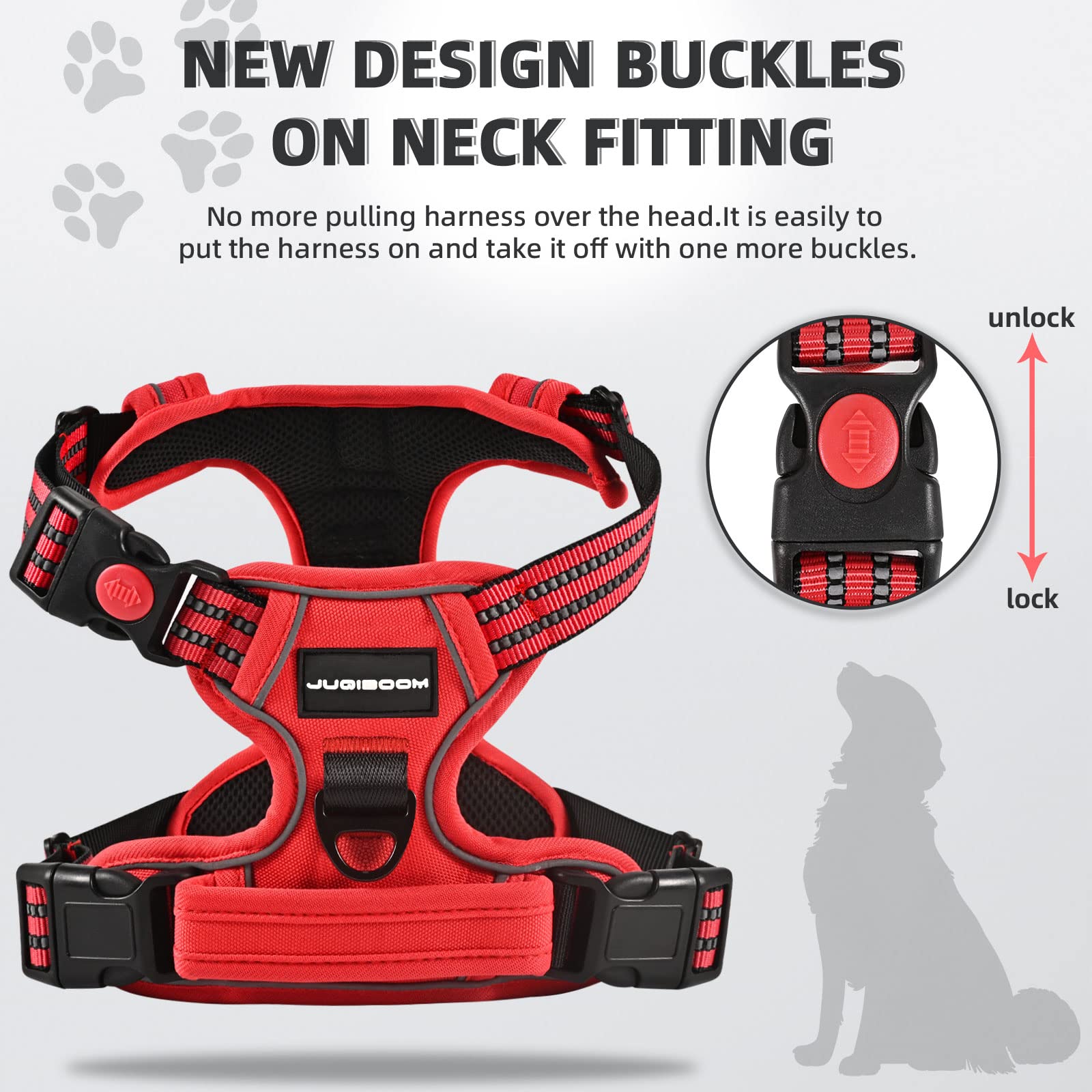 Juqiboom No Pull Dog Harness with A Free Heavy Duty 5ft Dog Leash, Adjustable Soft Padded Dog Vest, Reflective No-Choke Pet Oxford Vest with Easy Control Handle for Small and Large Dogs (Red, Medium)