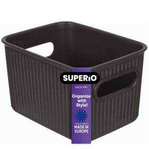 superio ribbed collection - decorative plastic open home storage bins organizer baskets, small brown (1 pack) container boxes for organizing closet shelves drawer shelf 1.5 liter