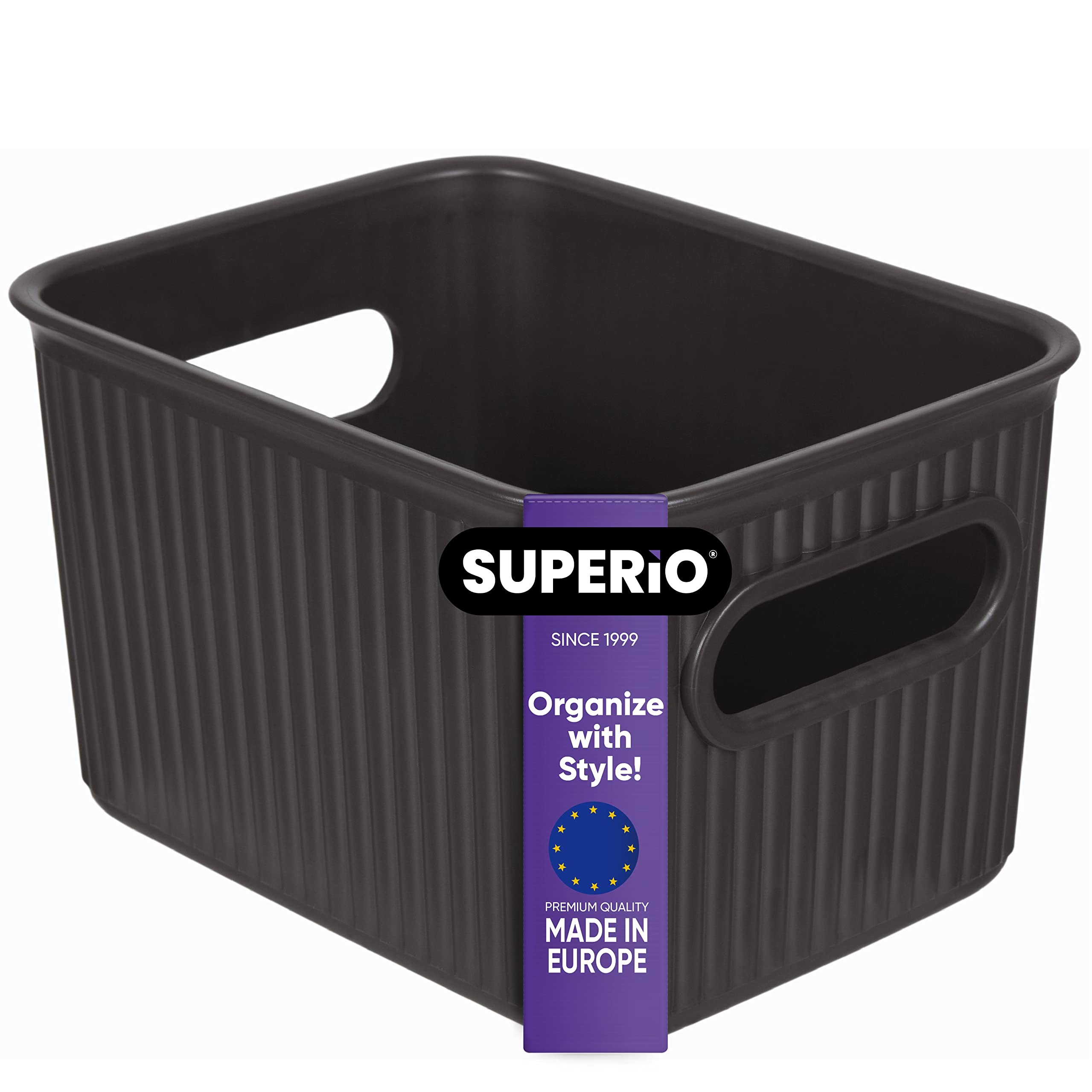 Superio Ribbed Collection - Decorative Plastic Open Home Storage Bins Organizer Baskets, Small Brown (1 Pack) Container Boxes for Organizing Closet Shelves Drawer Shelf 1.5 Liter