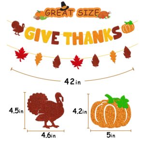 Give Thanks Banner Fall Autumn Leaves Turkey Thanksgiving Day Theme for Happy Thanksgiving Grateful Thankful Blessed Party Supplies Glitter Gold Decorations