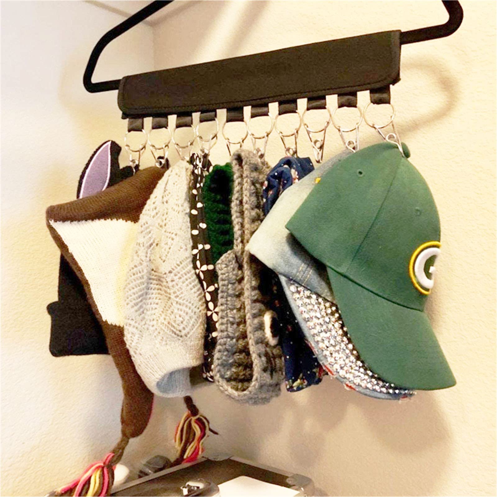 iPstyle Hat Organizer Holder Hat Rack for Hanger Hat Storage, 10 Large Holder Clips to Hang Baseball Ball Caps, Winter Beanie, Glove, Clothes, Socks, Fit All Size Hangers 2 Pack