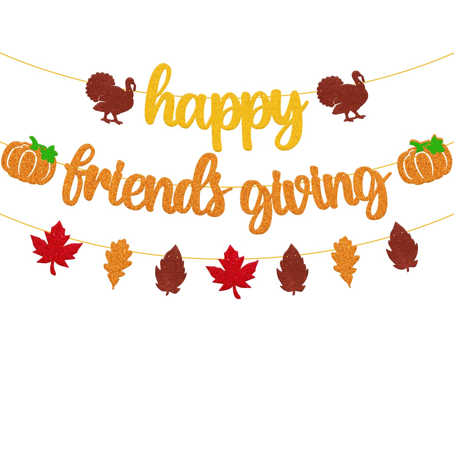 Happy Friends Giving Banner Fall Leaves Garland Thanksgiving Day Autumn Turkey Theme for Happy Friendsgiving Party Glitter Gold Decorations