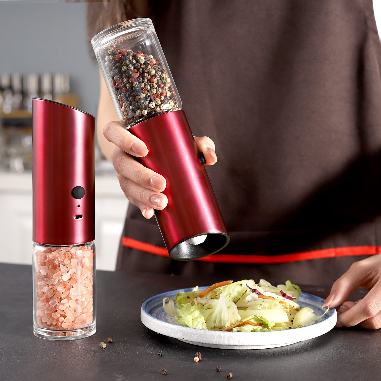 Vzaahu Gravity Electric Pepper and Salt Grinder Set of 2 - Rechargeable, Refillable, Adjustable Coarseness, Stainless Steel Salt Pepper Mill with LED light - One Hand Operation (Red)