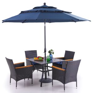 phi villa 6 pcs patio dining set with umbrella(navy blue),1 square metal table, 4 outdoor all weather pe rattan chairs & 1 10ft 3 tier auto-tilt umbrella (base not included)