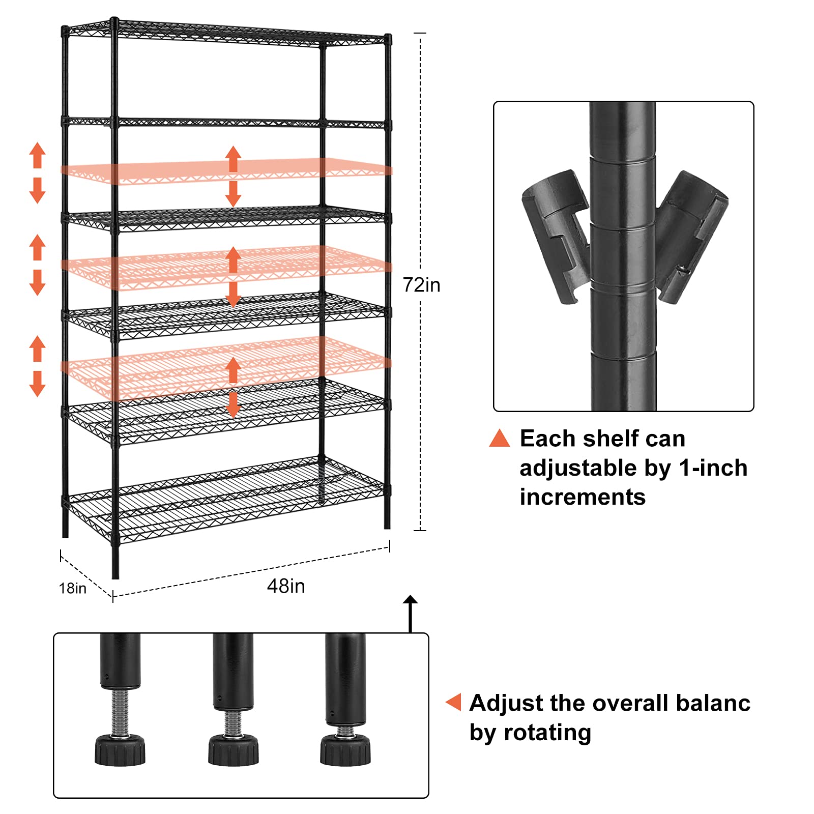 Meet perfect 6-Tier Steel Wire Shelving Unit NSF Heavy Duty 6000 LB Capacity Adjustable Storage Rack for Laundry Pantry Kitchen Closet Wire Rack in Black 1 Pack, 18" L x 48" W x 72" H