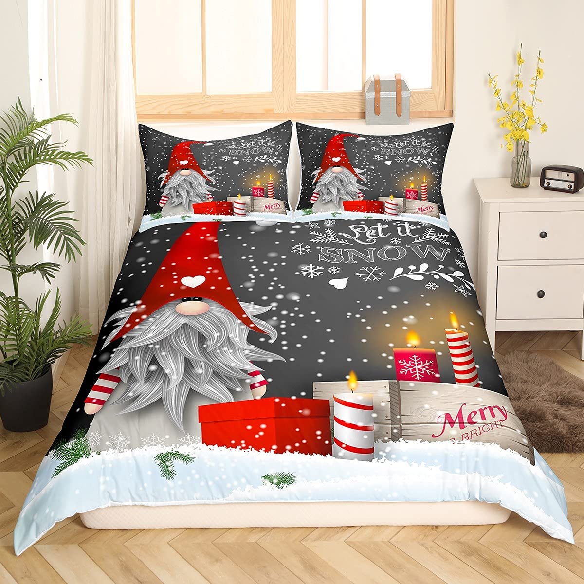 Erosebridal Xmas Bedding Sets Scandinavian Christmas Santa Gnomes Comforter Cover Snowing Santa Claus Bedding Sets for Kids Boys Girls Romantic Candlelight Quilt Cover 3 Pieces Queen Size