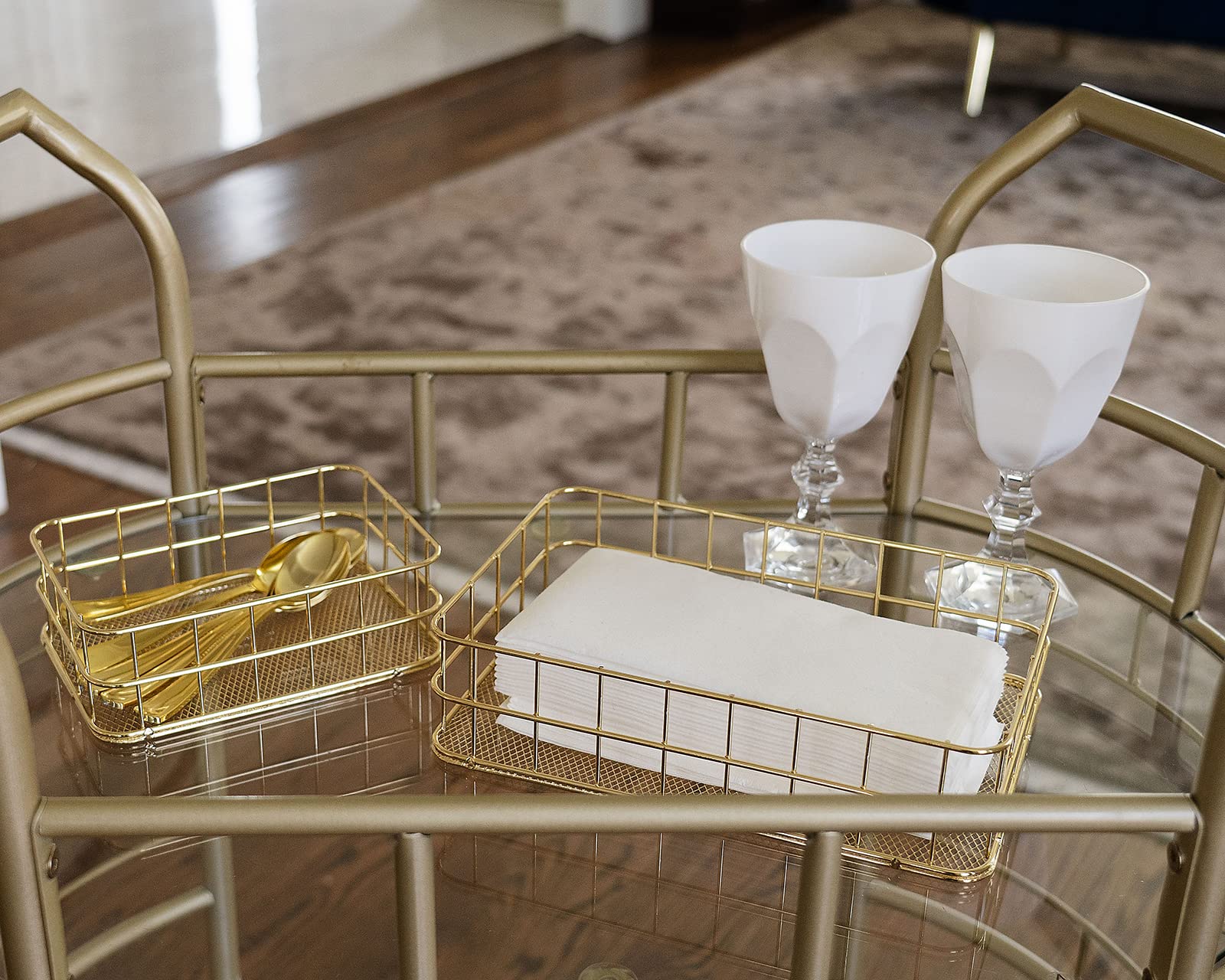 Set of 2 Nested Classic Gold Mesh Wire Basket Trays for Storage and Organizing (Medium: 9.6” X 6.4”; Small: 6.7" ×4.7")