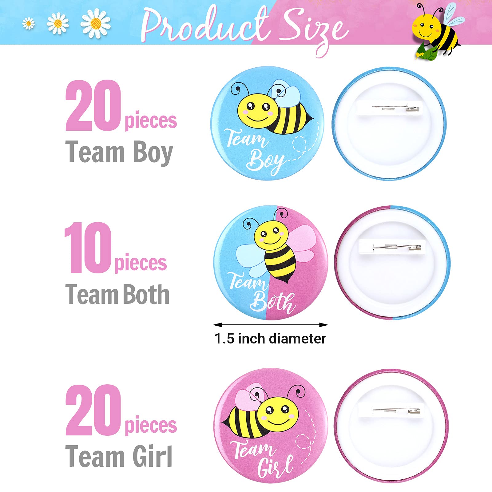 Dilunave 50 Pieces Bee Gender Reveal Button Pins Team Boy, Girl or Both Buttons Pins Badges kit Bee Theme Gender Reveal Party Favors in Pink and Blue for Baby Shower Gender Reveal Party Game Supplies