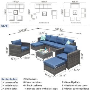 ovios 9 Pieces Patio Furniture Set, Outdoor Wicker Rattan Sectional Sofa Set with Chairs Couch, All Weather Assembled Furniture Set, No Assembly, Grey Wicker, Denim Blue Cushion