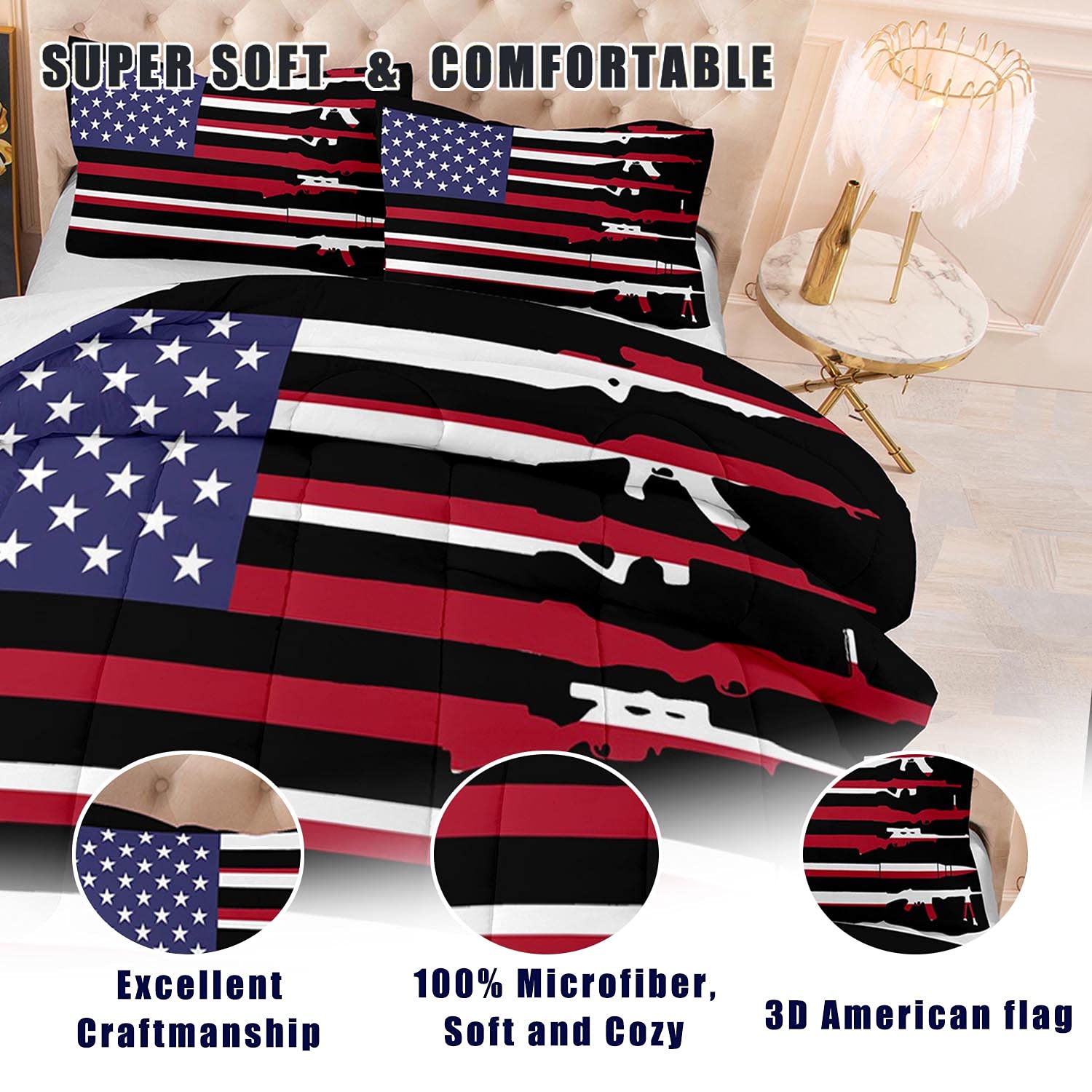 Bodhi Twin Boys Comforter,American Flag Comforter,Kids Bedding Set for Boys,Black and Red Army Comforter Set with Matching Pillowcase,Gun Comforter Bedding Set.