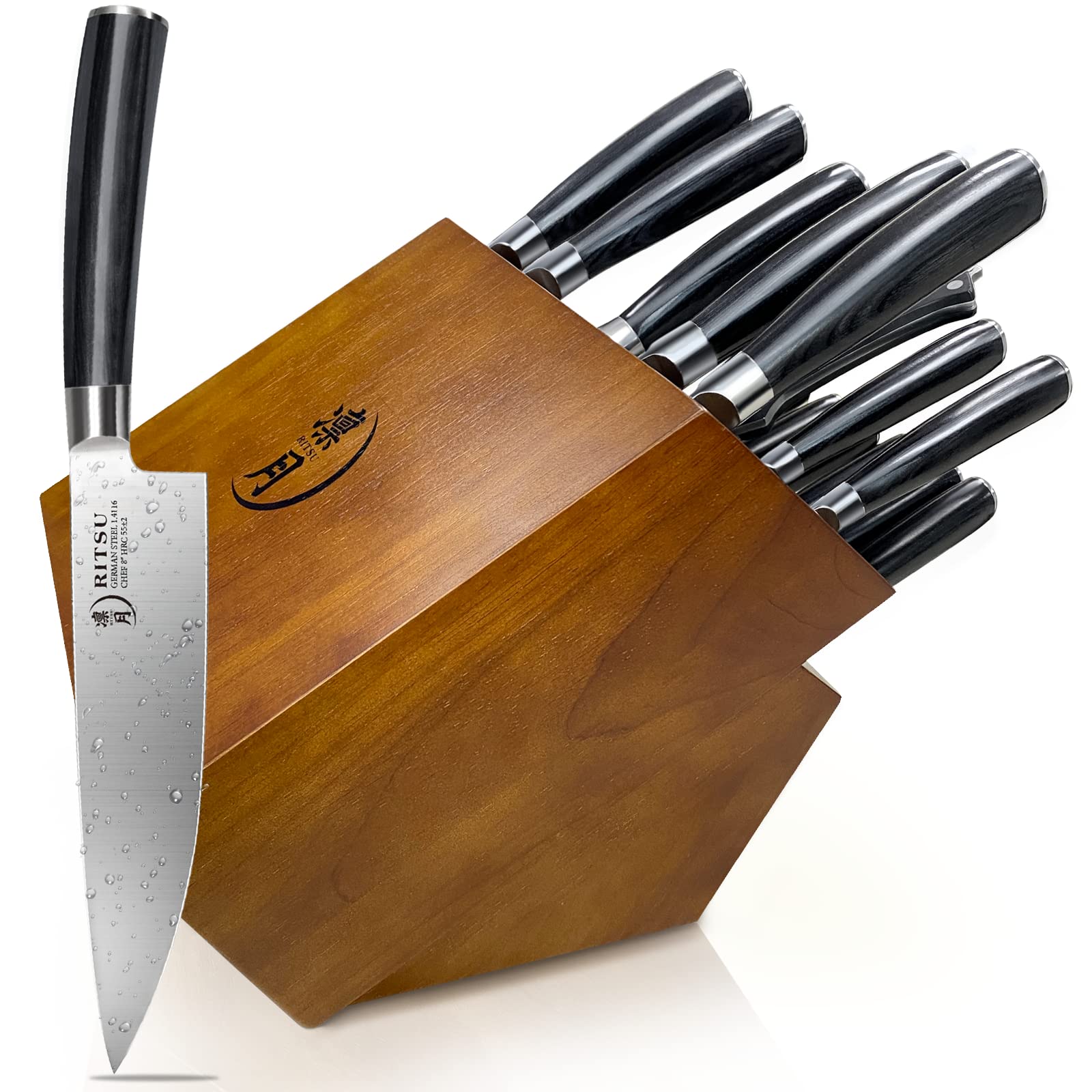 RITSU Knife Set, 17 Pieces Kitchen Knife Set with Block, 1.4116 German Steel knife set with sharpener, 6 Pieces Steak Knife Set, Professional Chef Knife Set & Scissor, Suitable for Home Kitchen