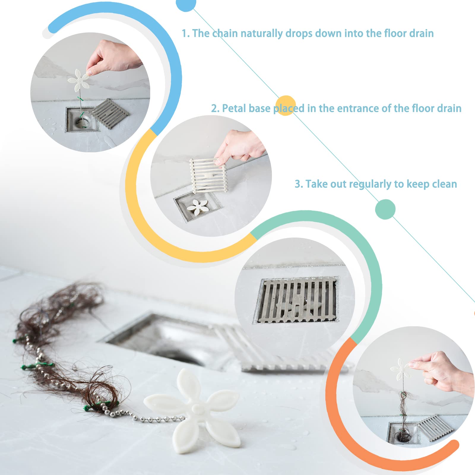 15 Pack Flower Shape Shower Drain Sink Remover Hair Filter Chain Hook - Catcher Strainer Hair Snare for Bathroom, Kitchen, Bathtub