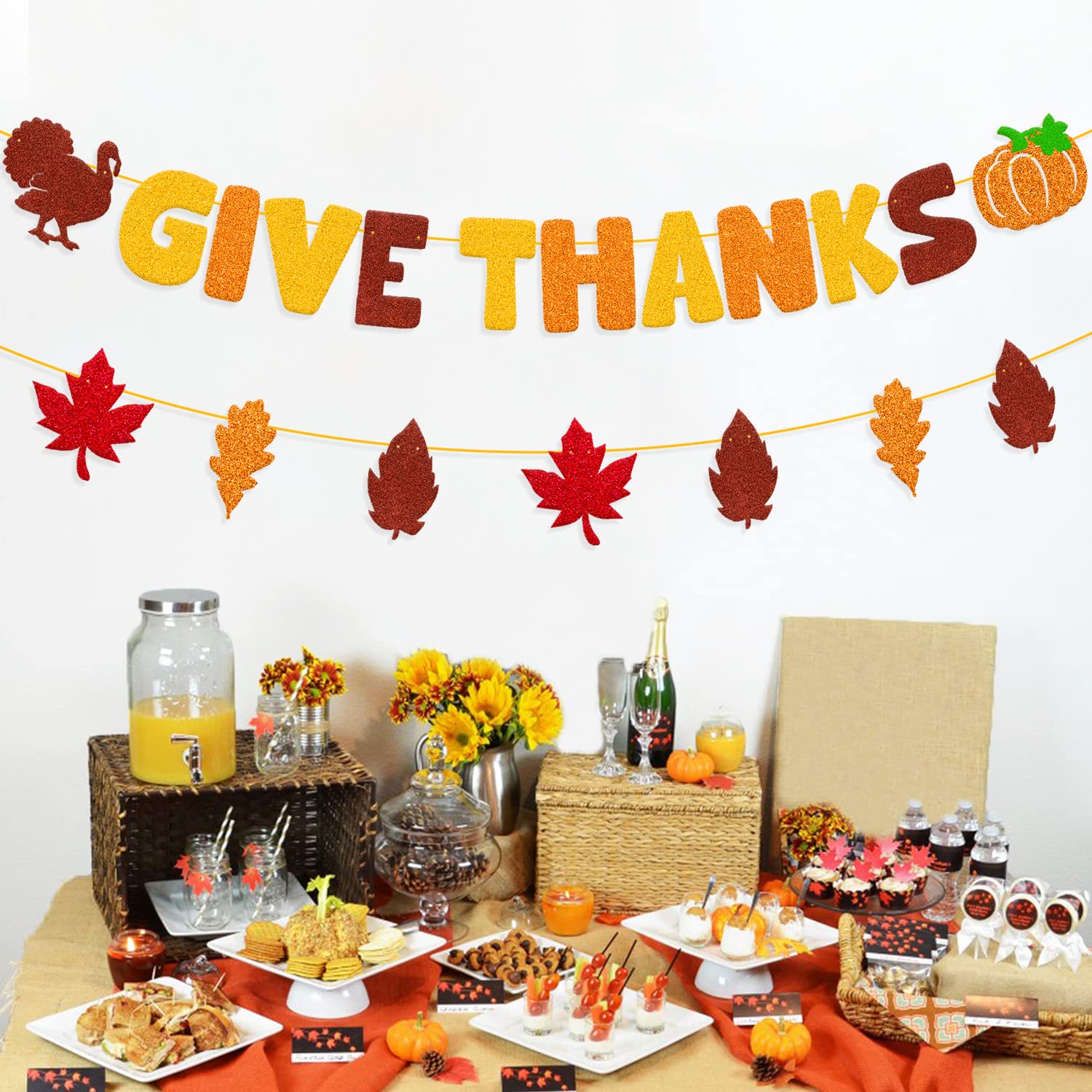 Give Thanks Banner Fall Autumn Leaves Turkey Thanksgiving Day Theme for Happy Thanksgiving Grateful Thankful Blessed Party Supplies Glitter Gold Decorations