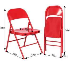 VECELO Folding Chairs Metal Frame Steel Seat with Triple Braced for Home Office,No-Assembly Heavy-Duty&Stackable Space Saving, Set of 4, True Red