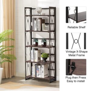 VECELO Bookshelf, 5 Shelf Folding Bookcase No Assembly, Industrial Metal Freestanding Shelves Rack Organizer for Living Room, Office, Bedroom, Kitchen, Set of 2, Dark Brown