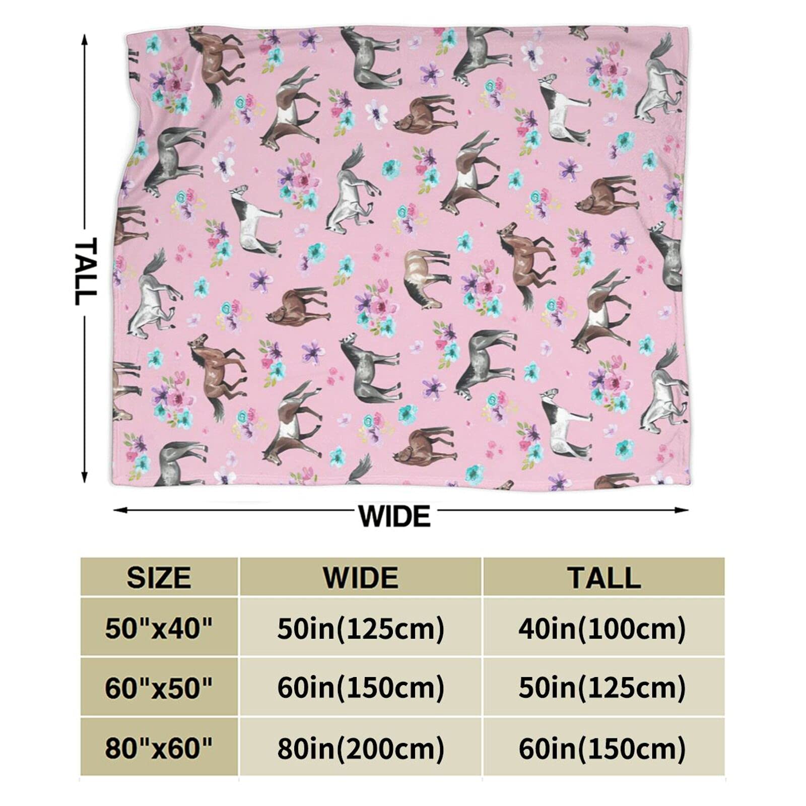 Knsoiv Fashion Flannel Plush Throw Blanket, Horses Flowers Pink Pattern Little Girls Room Watercolor Throw for All Seasons, Warm Air Conditioning Blanket 60"X50"