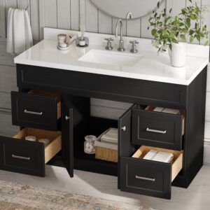 ARIEL 55" Inch Bathroom Vanity in White with 1.5" Inch Thick Edge White Quartz Countertop, 2 Soft Closing Doors & 4 Full Extension Dovetail Drawers, Built in Toe Kick, Satin Nickel, No Mirror (Black)